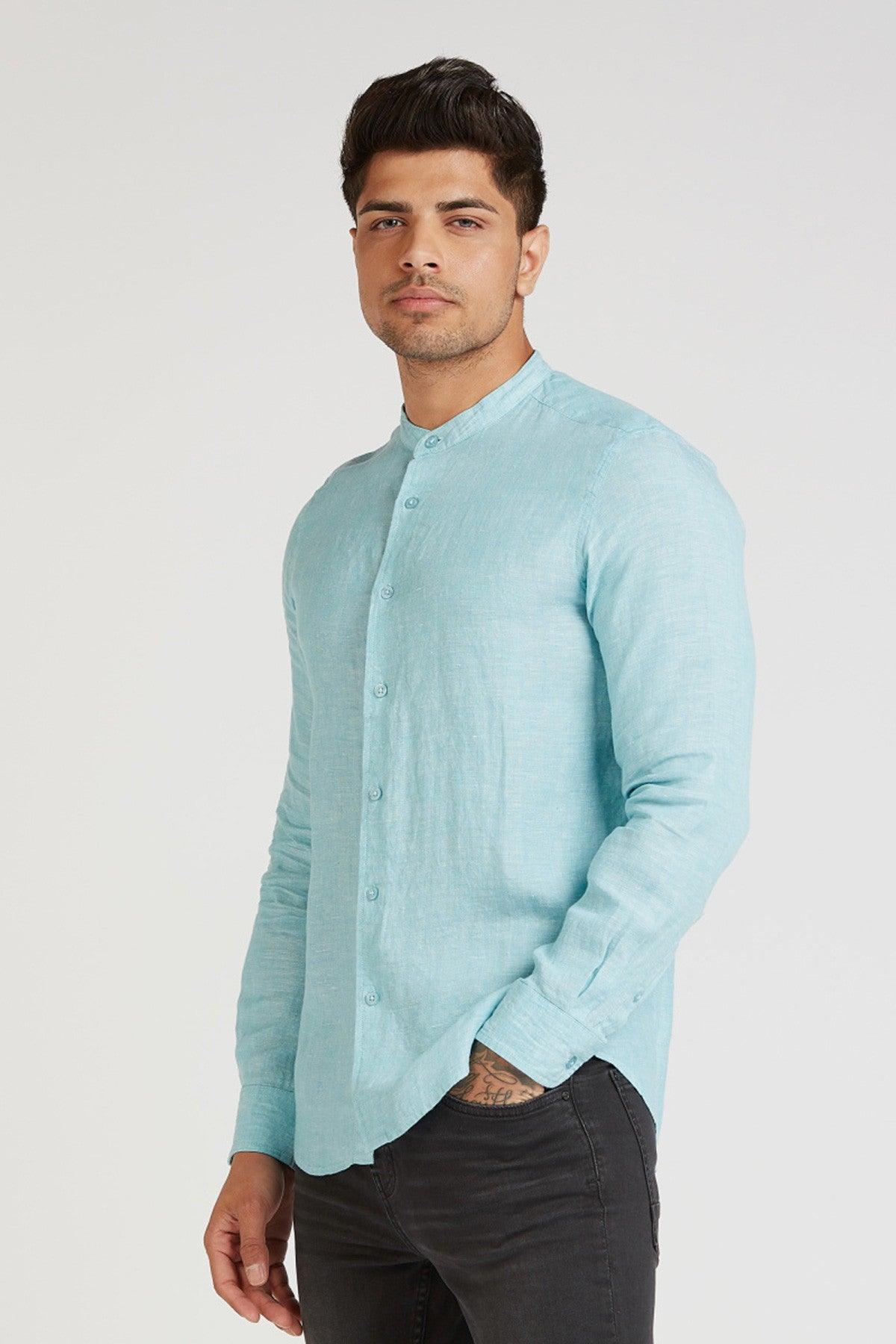 Splash Slim Fit Textured Linen Shirt with Mandarin Collar and Long ...